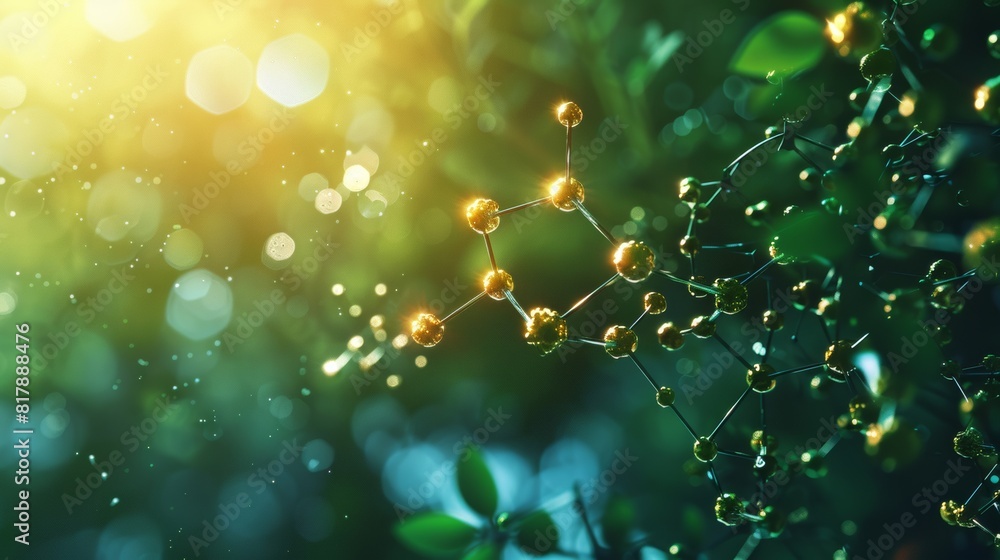 Green leaf with scientific molecular structures representing ...