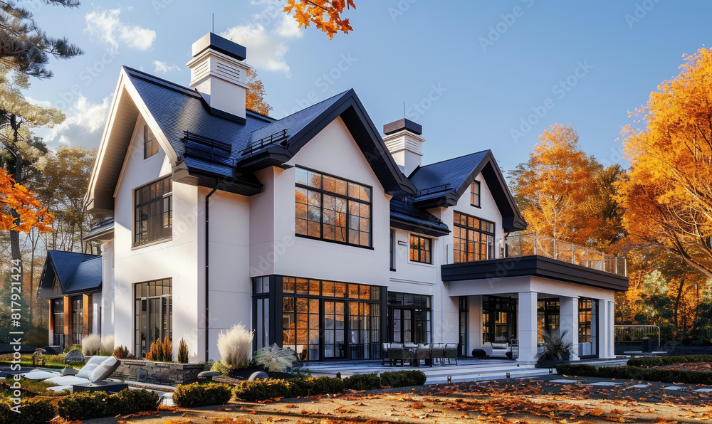 3d rendering of modern farmhouse style house with gable roof and white ...