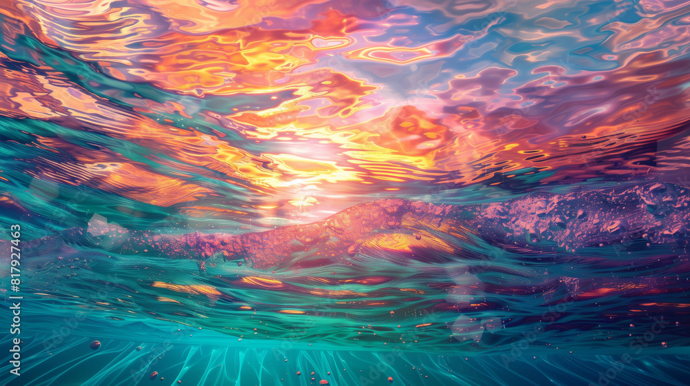 submerged underwater view of rippling reflective rainbow water waves ...