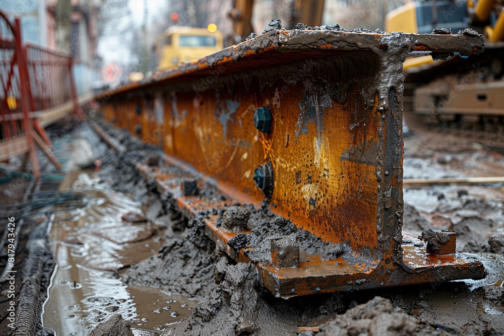 Workers are constructing a bridge in a bustling city, using cranes and ...