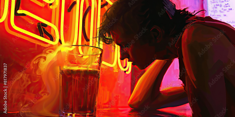 temptation lurks. a person hunched over and shadows. drinking alone in ...