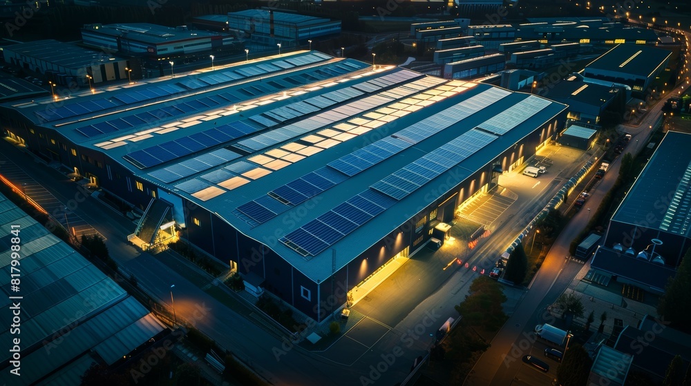 Birds-eye view of an electronics factory at twilight, the exterior lit ...