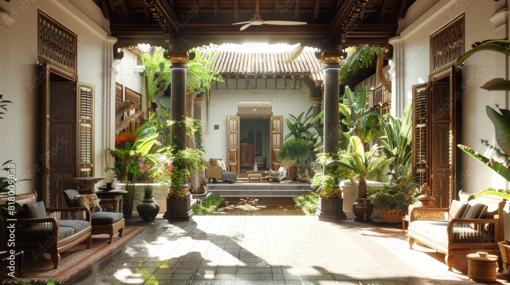 A traditional South Indian home living room with central courtyard and ...