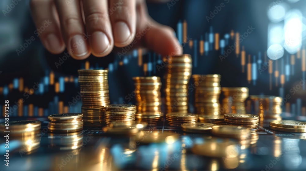 Stacking coins, a man analyzes finance growth. Savings concept, male ...