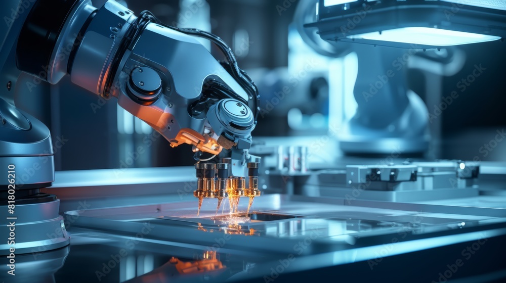 A close-up photo of a gleaming chrome robot arm performing a complex ...