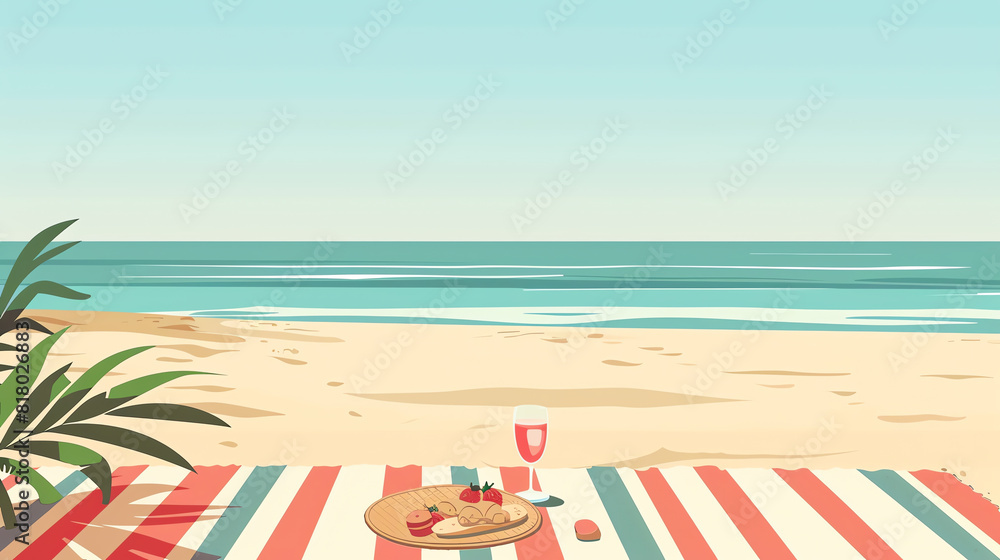 striped mat on the beach by home flat design side view family picnic ...