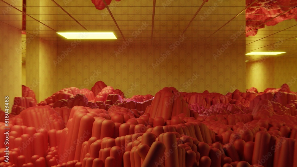 3d illustration red objects filled backrooms room liminal spaces ...