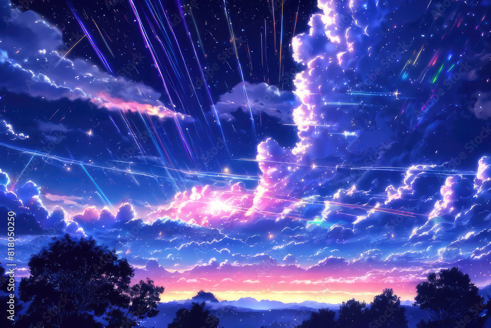 Generative AI, the sight of a meteor shower on a beautiful night with a ...