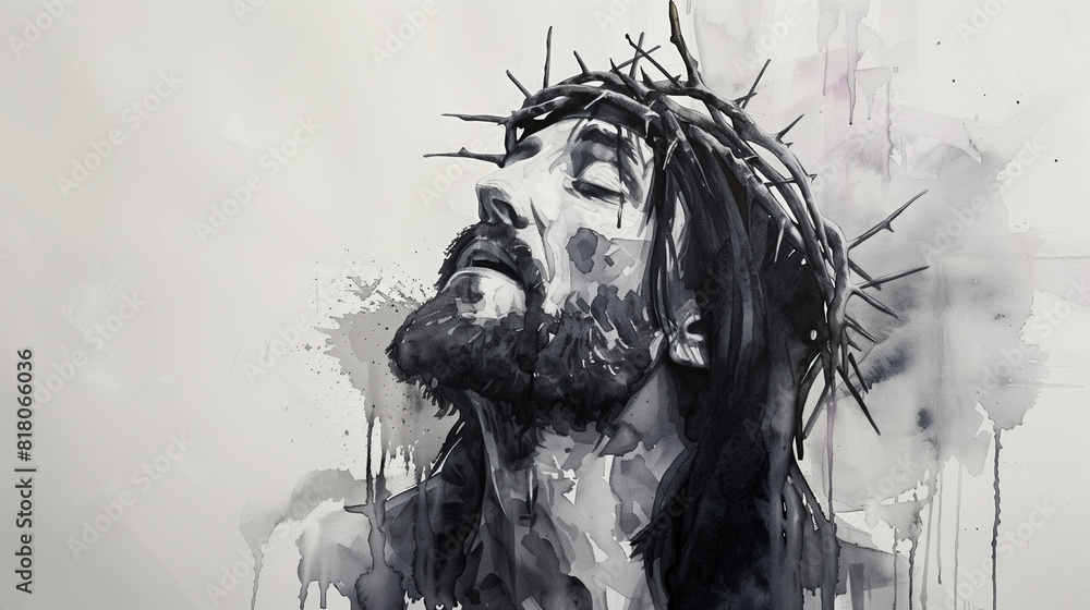 Jesus christ with thorn crown, black and white, watercolor Stock ...