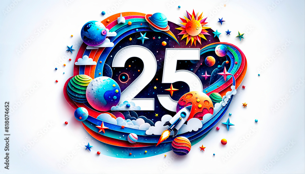 Number “25” in a colorful space-themed design with planets, stars, and ...