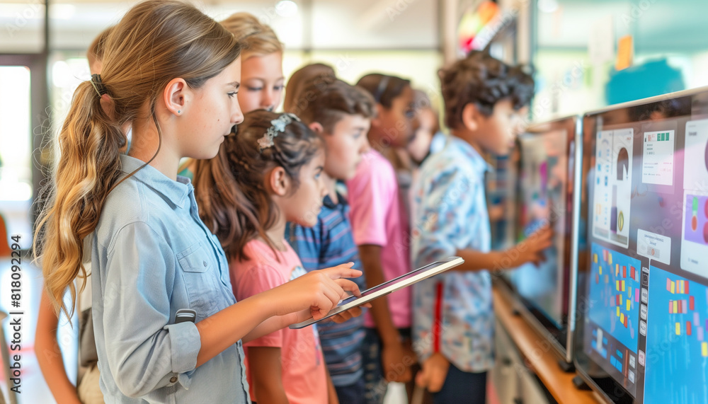 a side view of a teacher using a tablet to control a smart board while ...