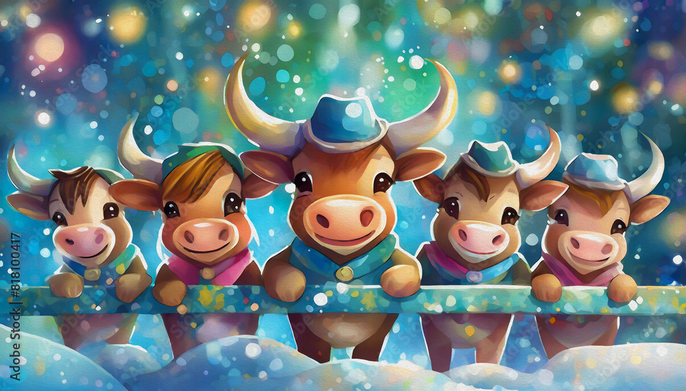 oil painting style Cartoon character A group of miniatures longhorn ...