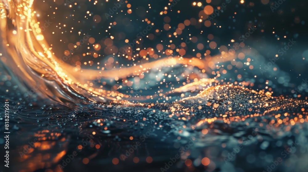 Abstract glowing particles in a fluid motion on a dark background ...