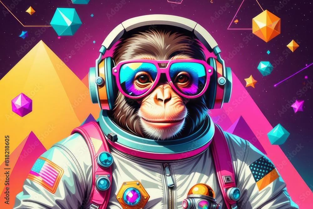 monkey with headphone and sunglasses cosmic 80s style party content ...