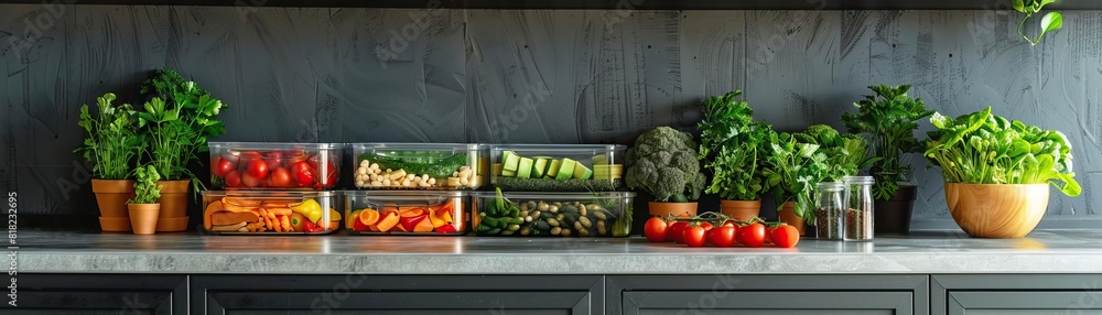 A contemporary setup of a vegan meal prep station, containers of cut ...