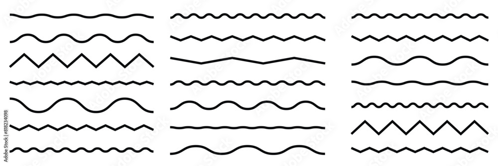 Wave line and wavy zigzag pattern lines. Vector black underlines, smooth end squiggly horizontal ...
