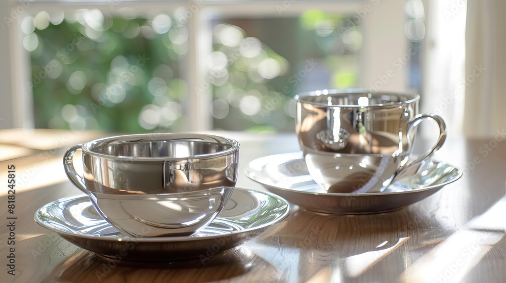 vintage silver chrome teacup and saucer plate collection shiny metallic ...