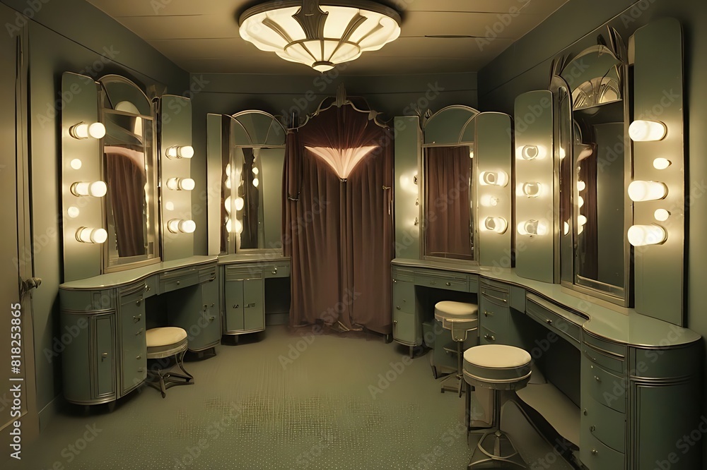an Art Deco theater dressing room with vintage vanities, mirrors, and ...