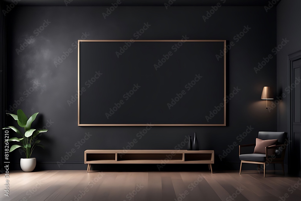 empty screen in a living room interior on an empty dark wall background ...