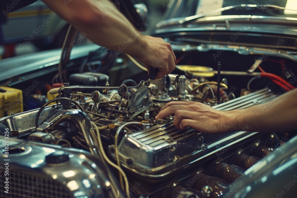 Vintage Mechanic Working on Classic Car Engine with Precision Tools in ...