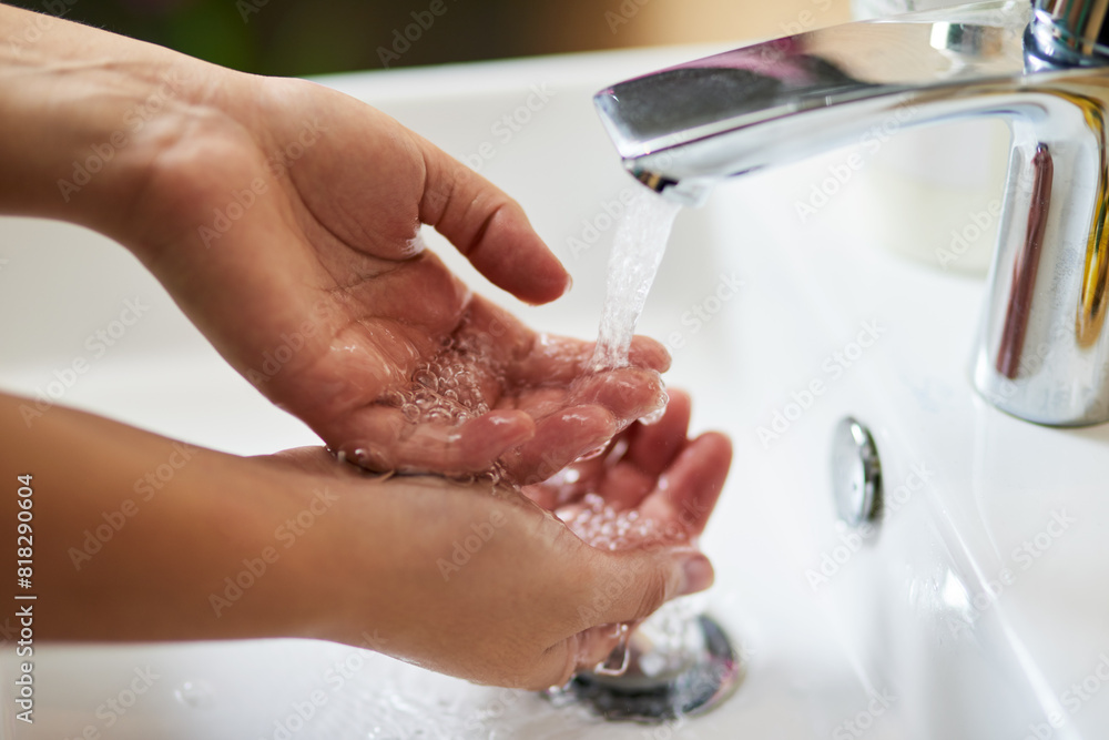 Water splash, sink or person washing hands in house for cleaning ...