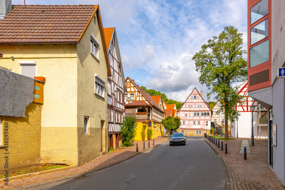A street of half timber colorful homes in the medieval Bavarian village ...