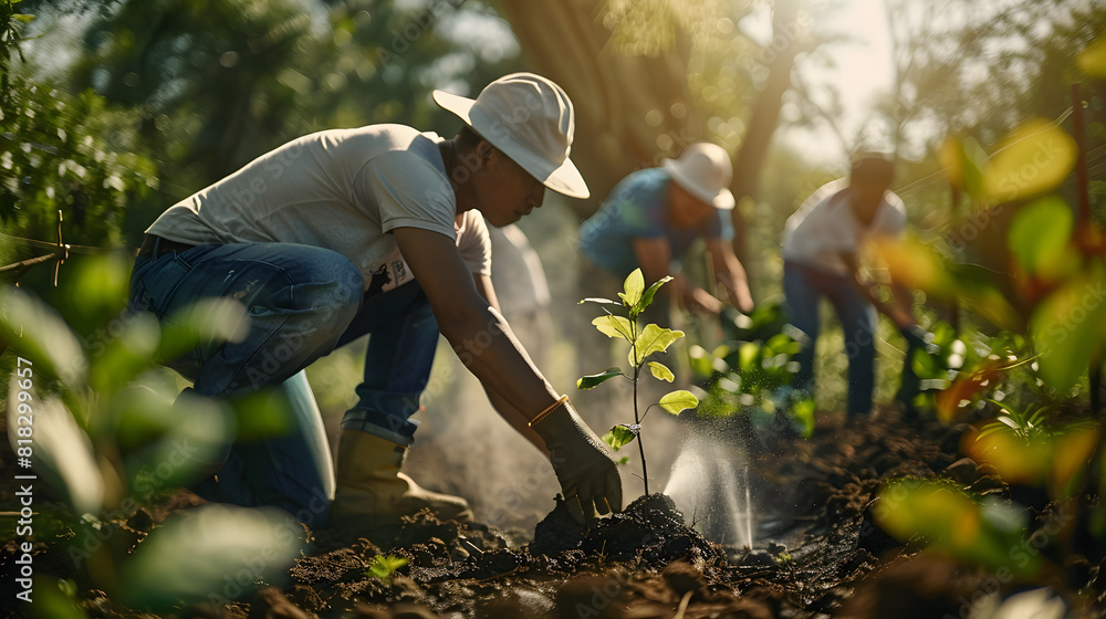 men are planting trees and watering them to help increase oxygen in the ...