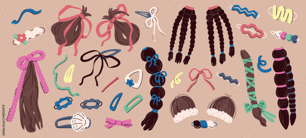Hair accessories with bows and ribbons. Trendy braiding. Cute woman ...