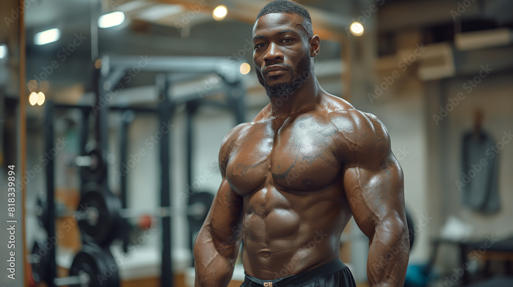 A bodybuilder flexing his biceps in front of a mirror, showcasing his ...