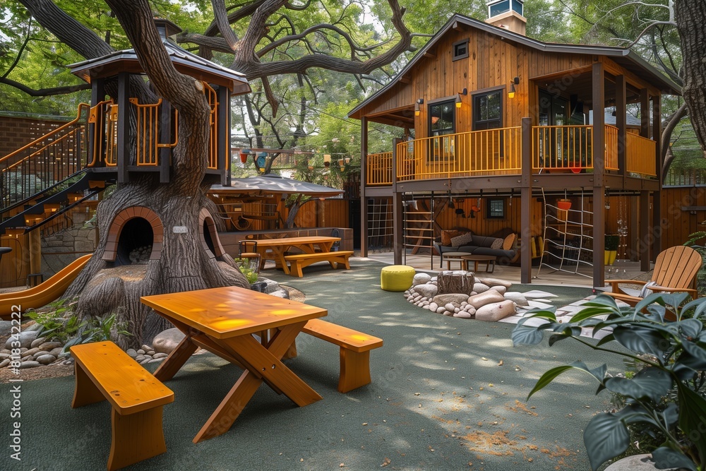 Playful family-friendly backyard, equipped with a custom-built ...