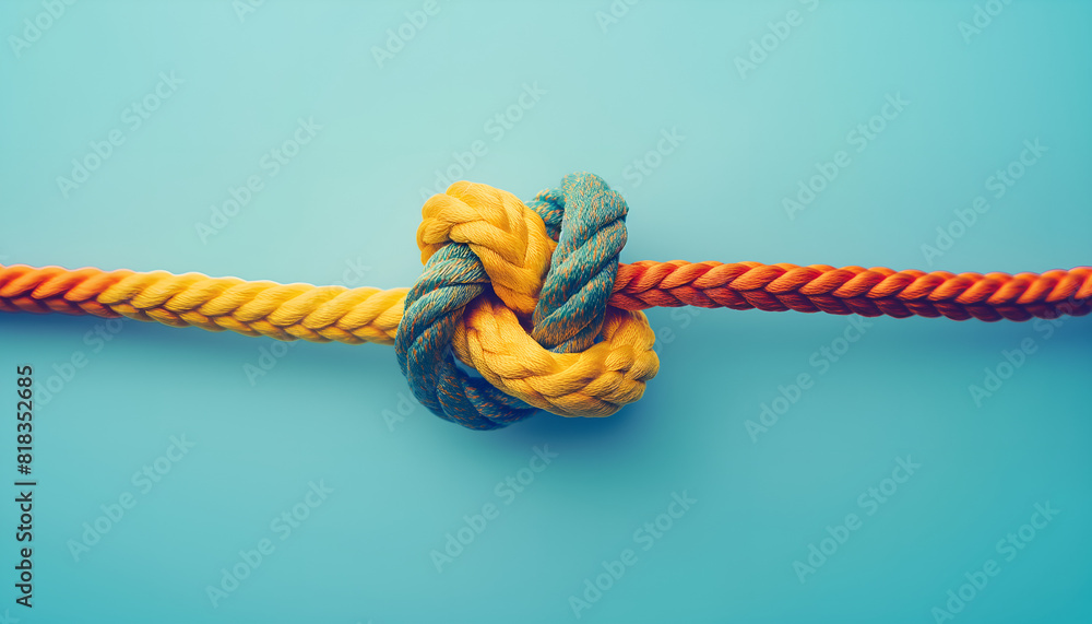 two ropes of different colors tied into a knot, pastel background ...