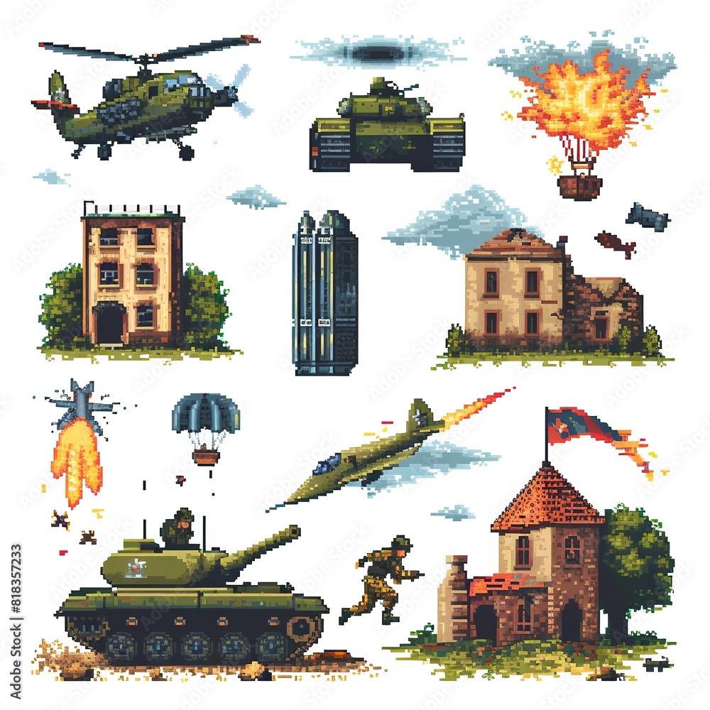 Scene with military elements in pixel-art style reminiscent of early ...