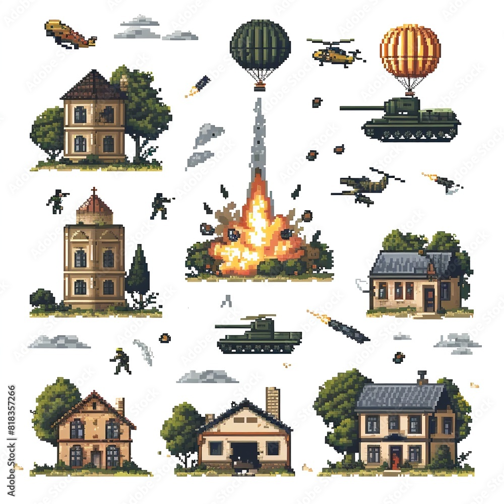 Collection of pixel art depicting military scenes. , with some ...