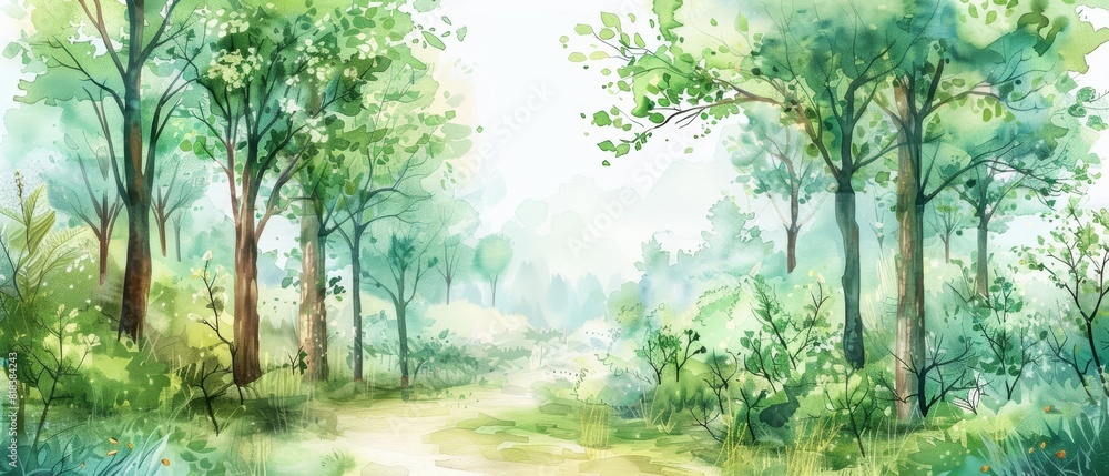 A watercolor clipart of a forest pathway leading to a bright clearing ...