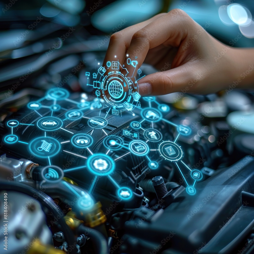 Car mechanic hand holding car engine icon and other symbols, with ...