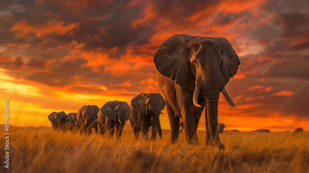 An elephant matriarch leading her herd through the golden grasslands of ...