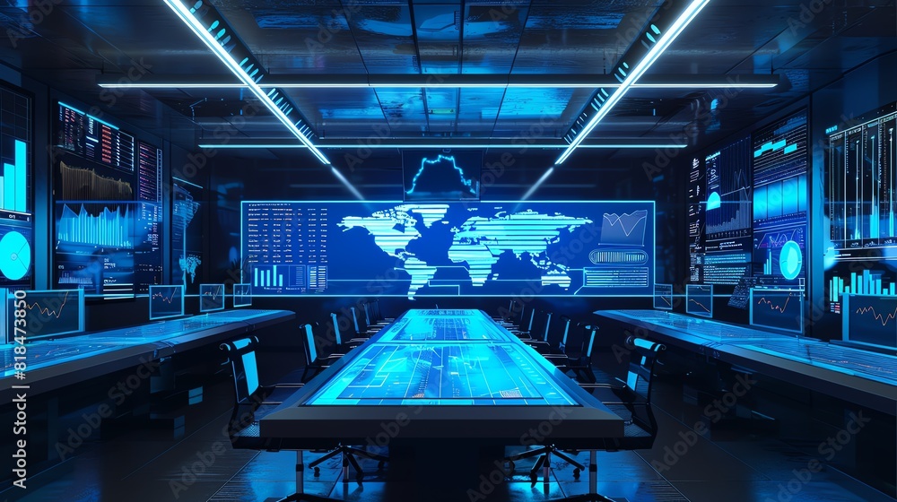 A futuristic command center with a large world map and multiple screens displaying data and ...