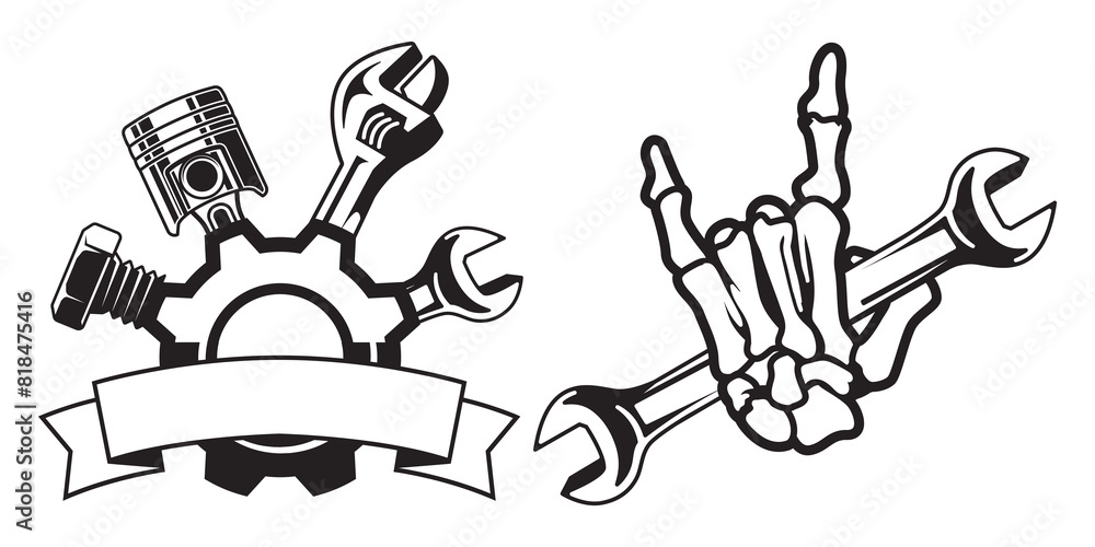 Skull mechanic logo design template, Hardcore mechanic logo clipart ...