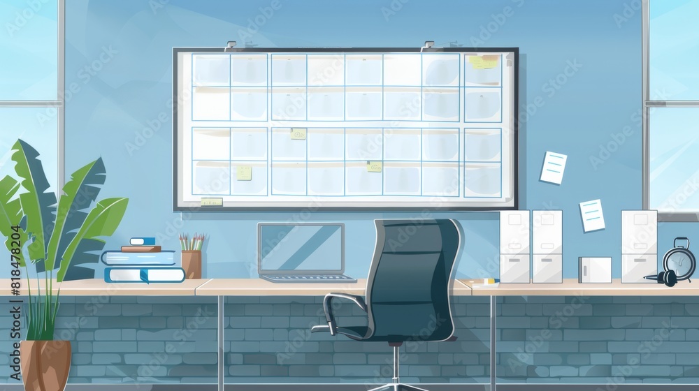 Illustration of a tidy office workspace with a desk, laptop, chair ...