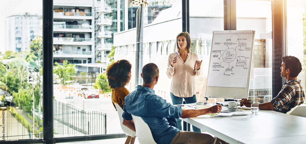 Meeting, whiteboard and workshop with business woman speaking to staff ...