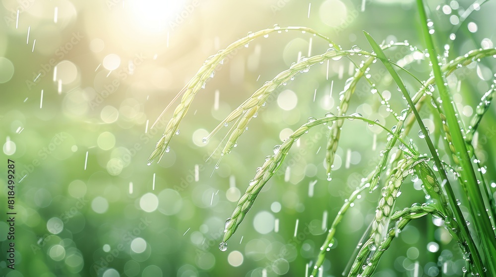 Simple light green gradient background with a lot of rice, wheat ears ...