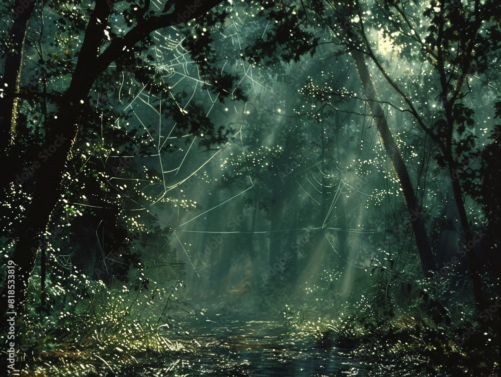 From the heavens, Anansi spinning webs between trees, lush forest floor ...