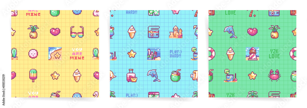 Pixel Art Summer Pattern Pack: Cute 8 bit Y2K Gaming Beach Backgrounds ...