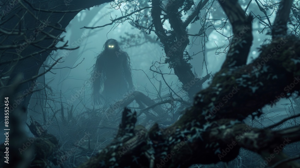 Glowing-eyed demon standing still in a creepy, dense forest, surrounded ...