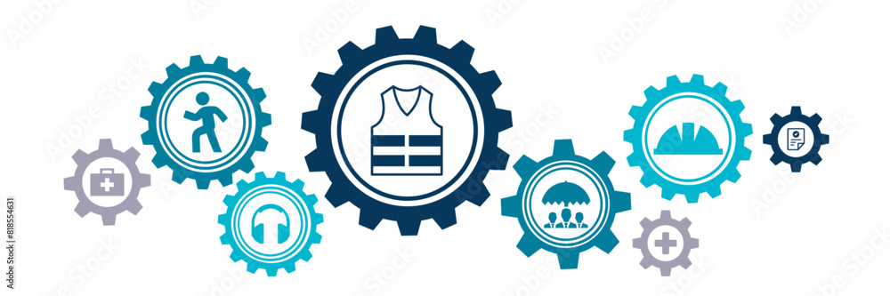 Health & safety vector illustration. Blue concept with icons related to ...