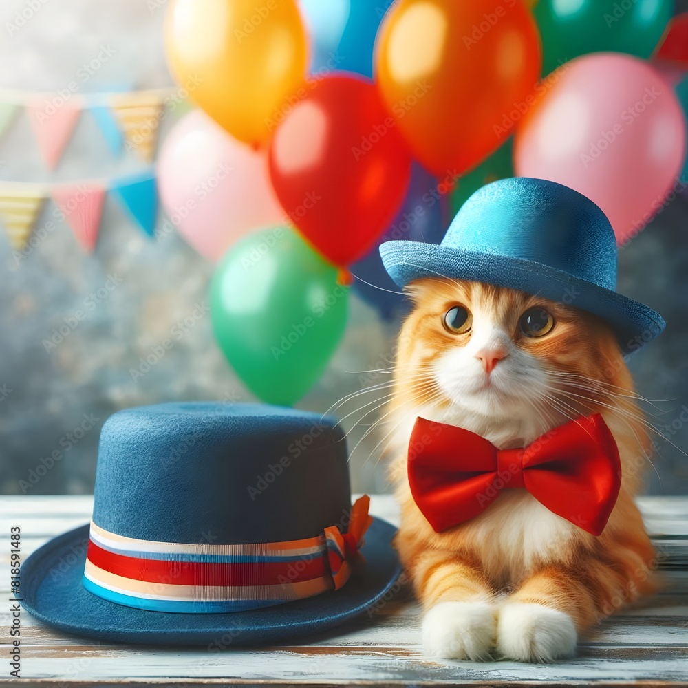 Cat celebrating with party hat and birthday party room with balloons on ...