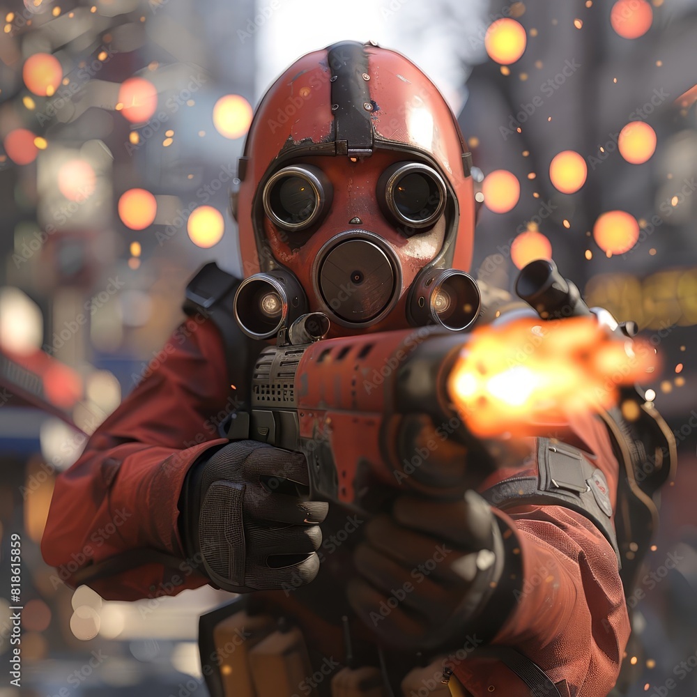 A post-apocalyptic survivor wearing a red leather outfit and a gas mask ...