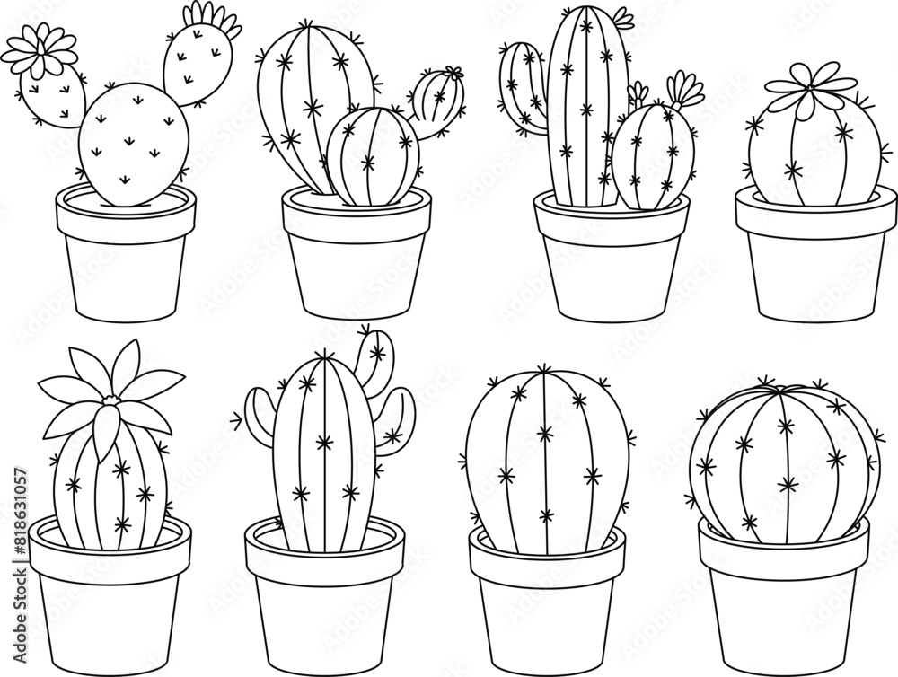 Set of cactus coloring page for kids. Plant outline doodle colouring ...