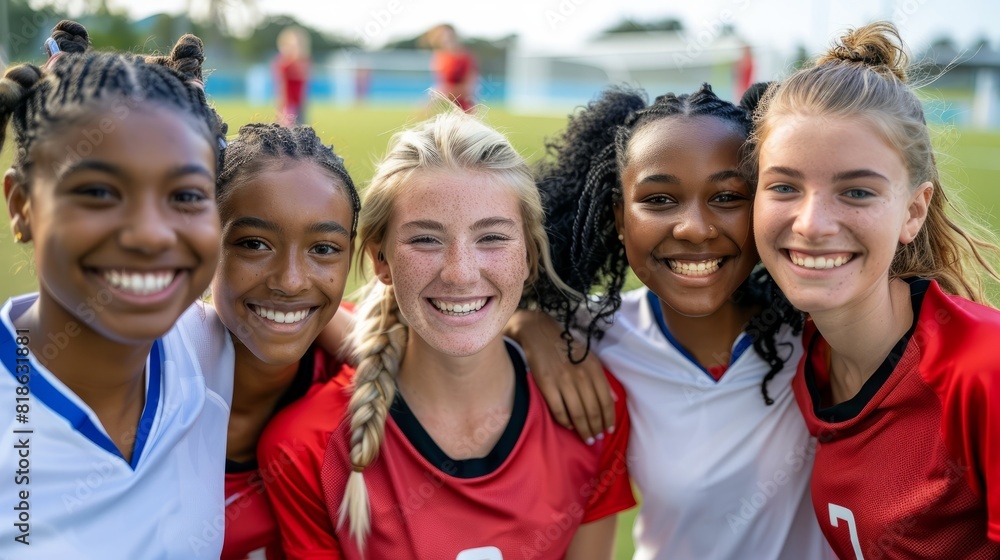 Diverse and mixed group of young female soccer players smiling and ...