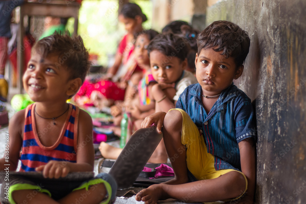 Anganwadi School Children Holding Slate, looking into camera, at school ...